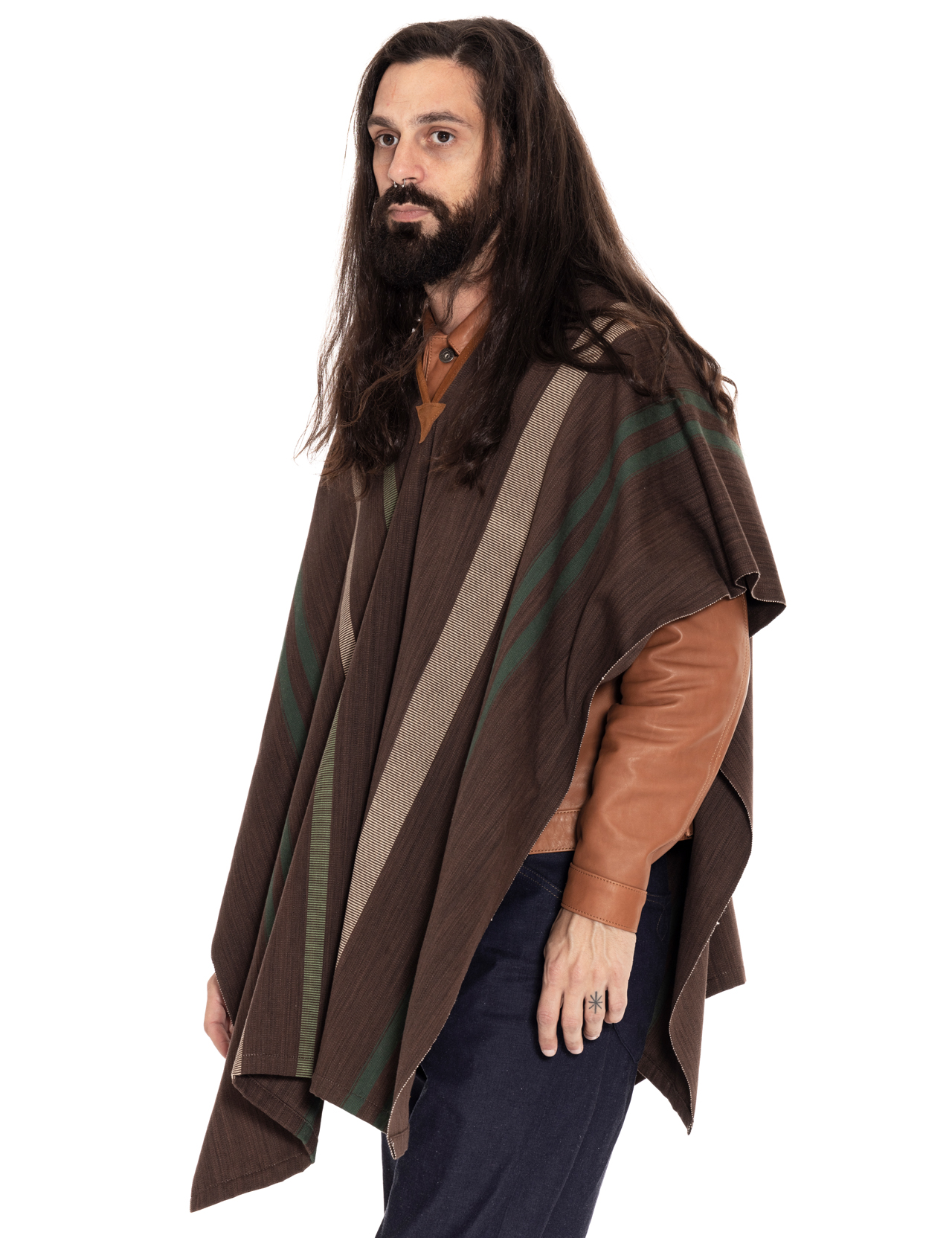 Indigofera - Japanese Cotton Wool Poncho - Brown/Green