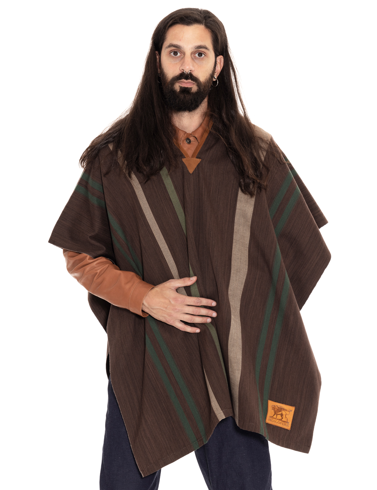 Indigofera - Japanese Cotton Wool Poncho - Brown/Green