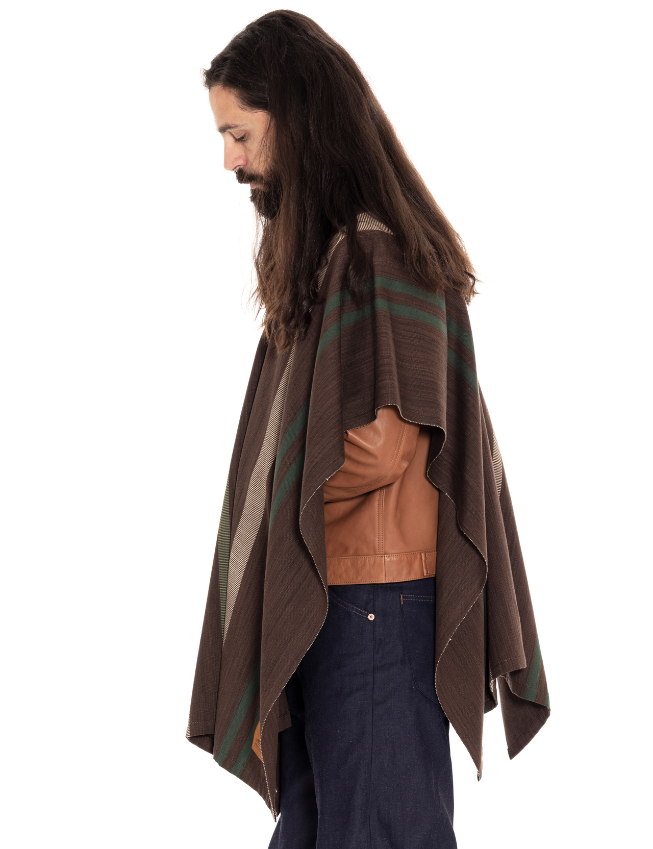 Indigofera - Japanese Cotton Wool Poncho - Brown/Green