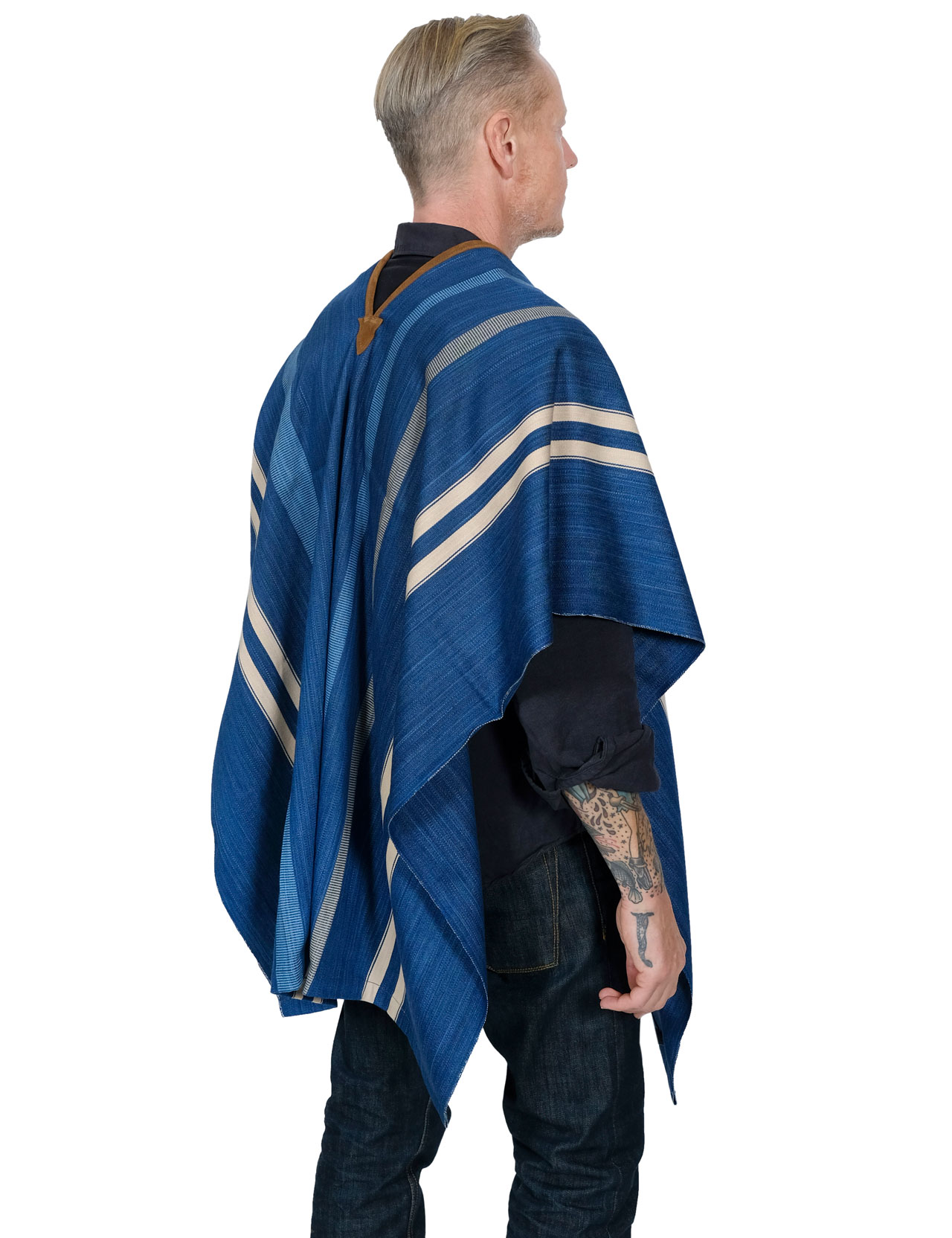 Indigofera - Poncho Japanese Cotton/Wool - Indigo/White Stripe